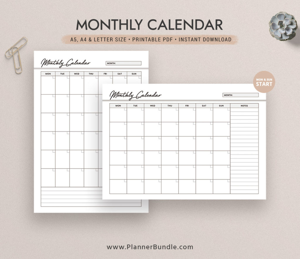 Monthly Calendar, Calendar 2021, Planner Inserts, Planner Refill, A5 ...