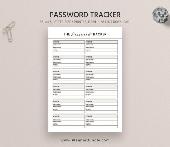 Password Tracker, Password Keeper, Filofax A5, A4, Letter Size, Planner ...