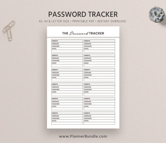 Password Tracker, Password Keeper, Filofax A5, A4, Letter Size, Planner ...