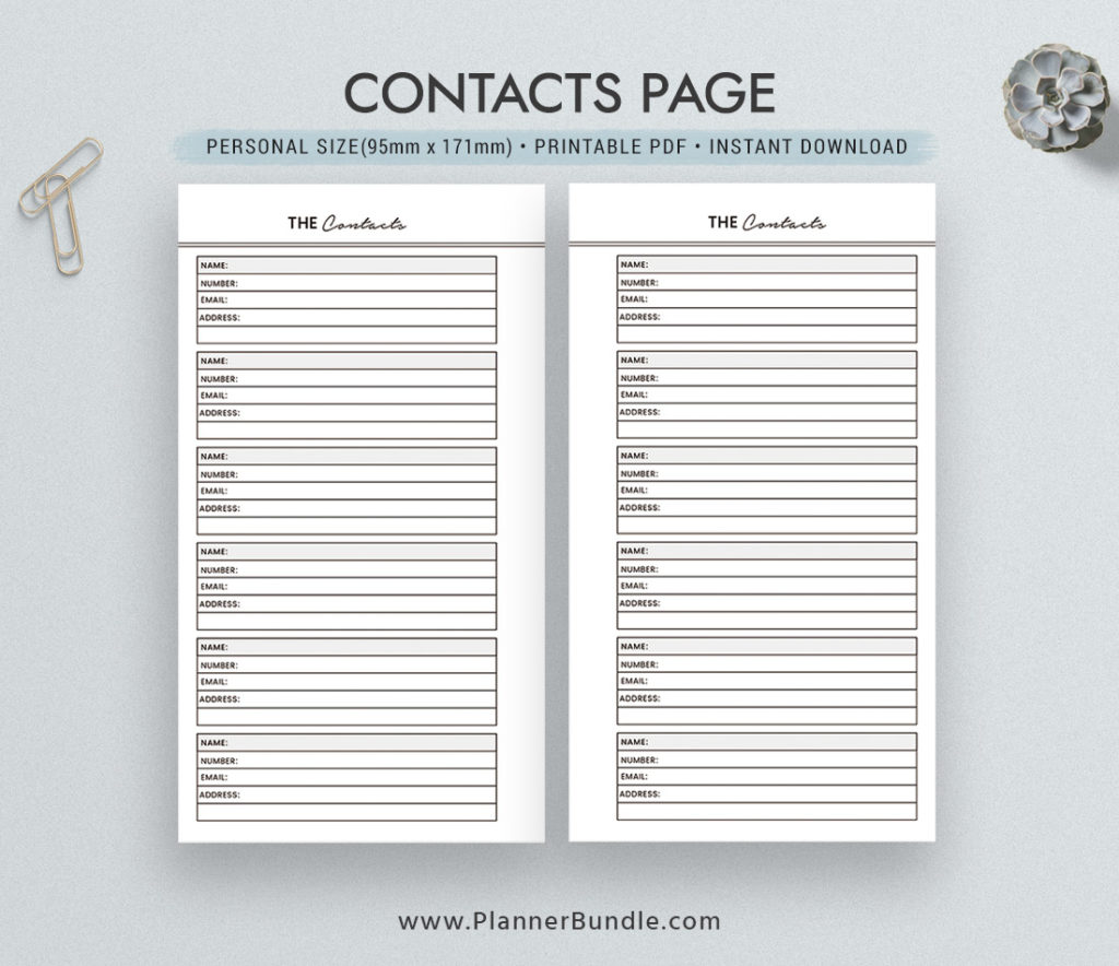 Personal Size Contacts Page, Planner Inserts, Planner Template ...