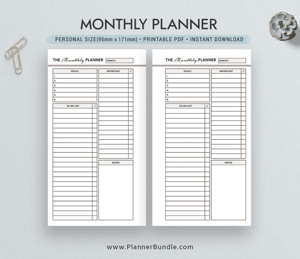 Monthly Planner, Personal Size, Printable Planner Inserts, Planner ...