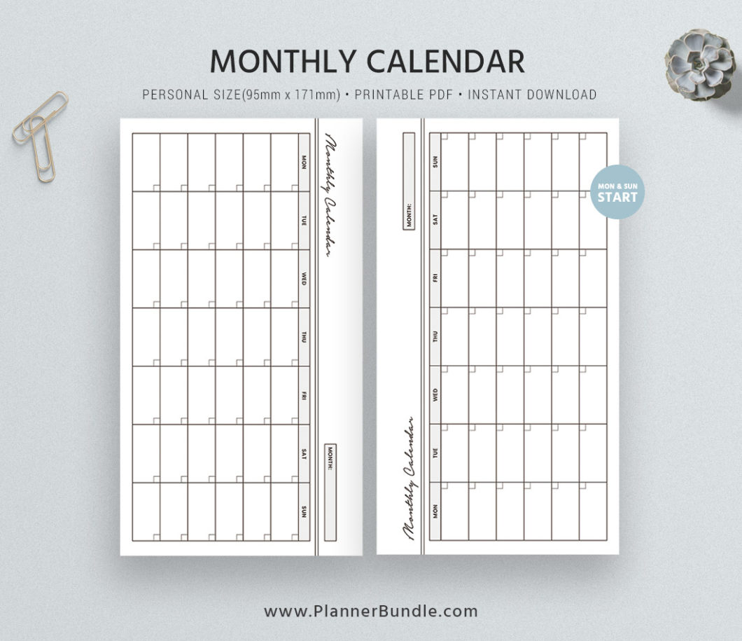 Monthly Calendar, Printable Personal Size Inserts, Filofax Personal ...